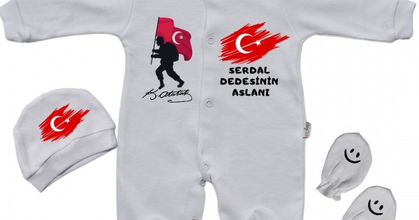 Türk bayraklı Dedesinin Aslanı Yazılı Kişiye Özel Bebek Tulum - TLM-042